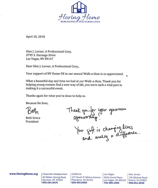 Thank You Note from Hoving Home for Sponsorship of 2018 Walk-A-Thon